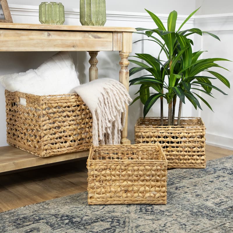 Set of 3 Diamond Weave Rectangular Water Hyacinth Baskets with Handles ...